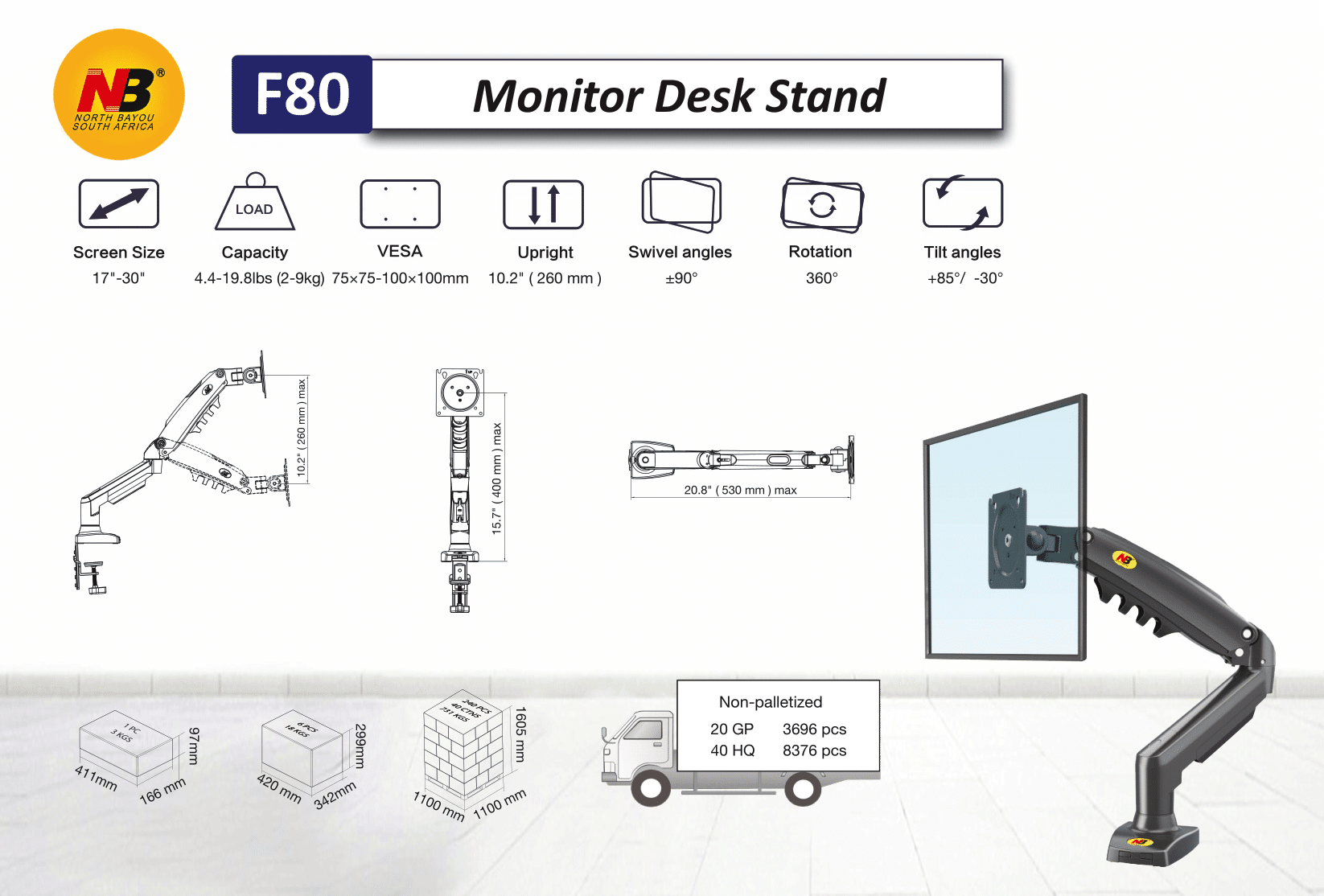 Single arm Mount for 17" - 30" monitors(F80) - North Bayou